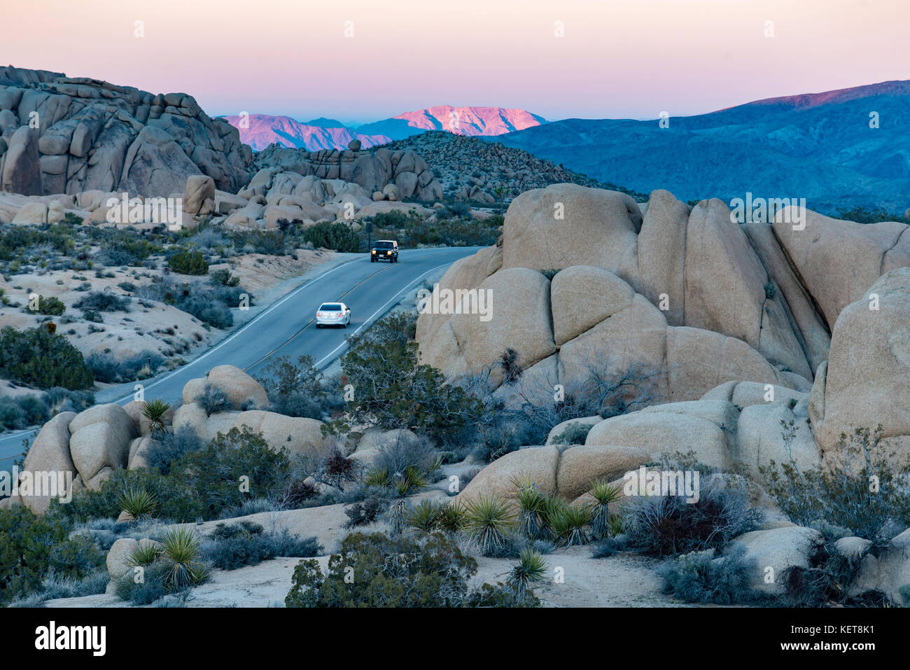 Cars driving through Joshua Tree National Park, California in the early ...