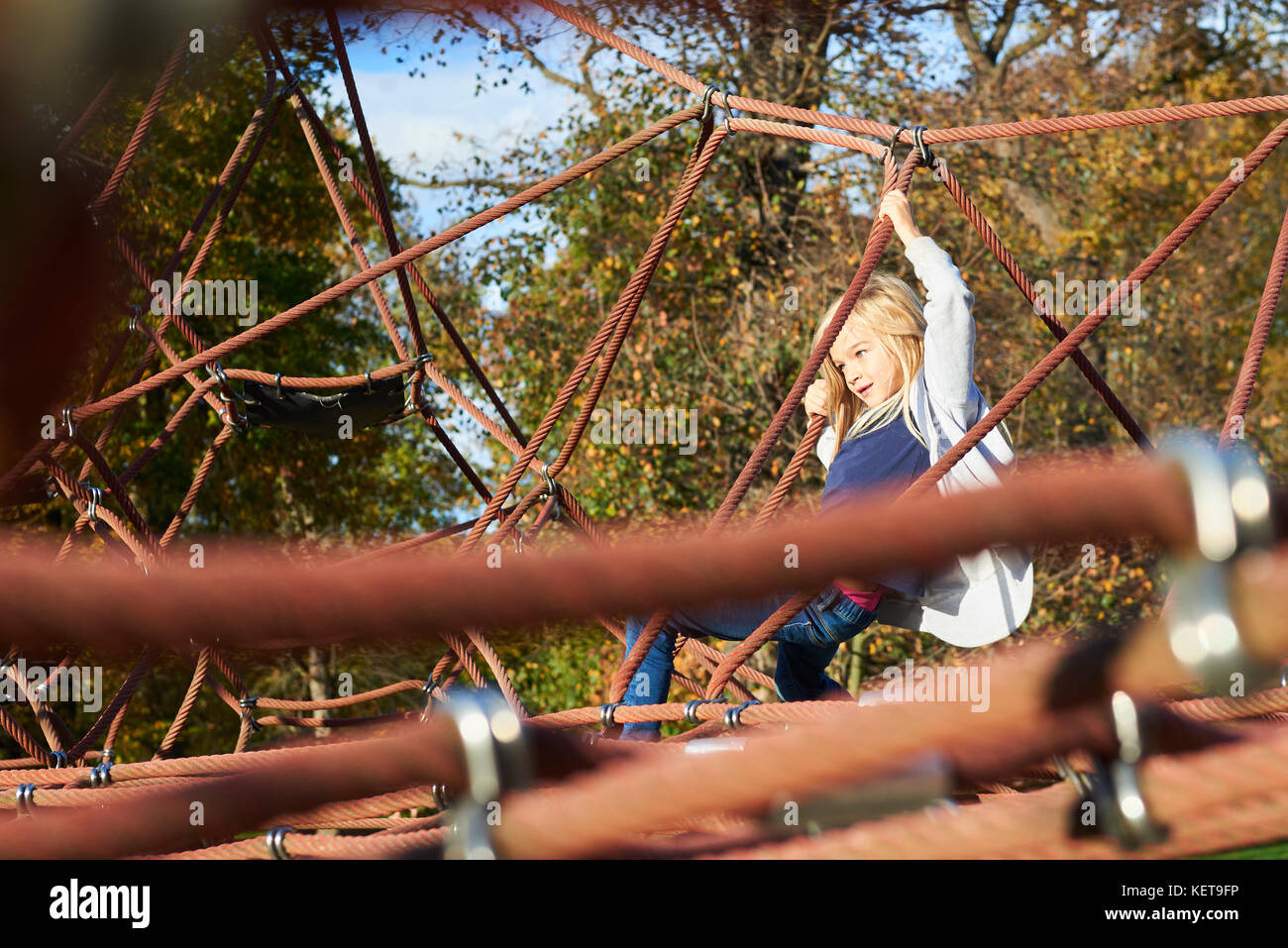 Active young child girl climbing the spider web playground activity ...