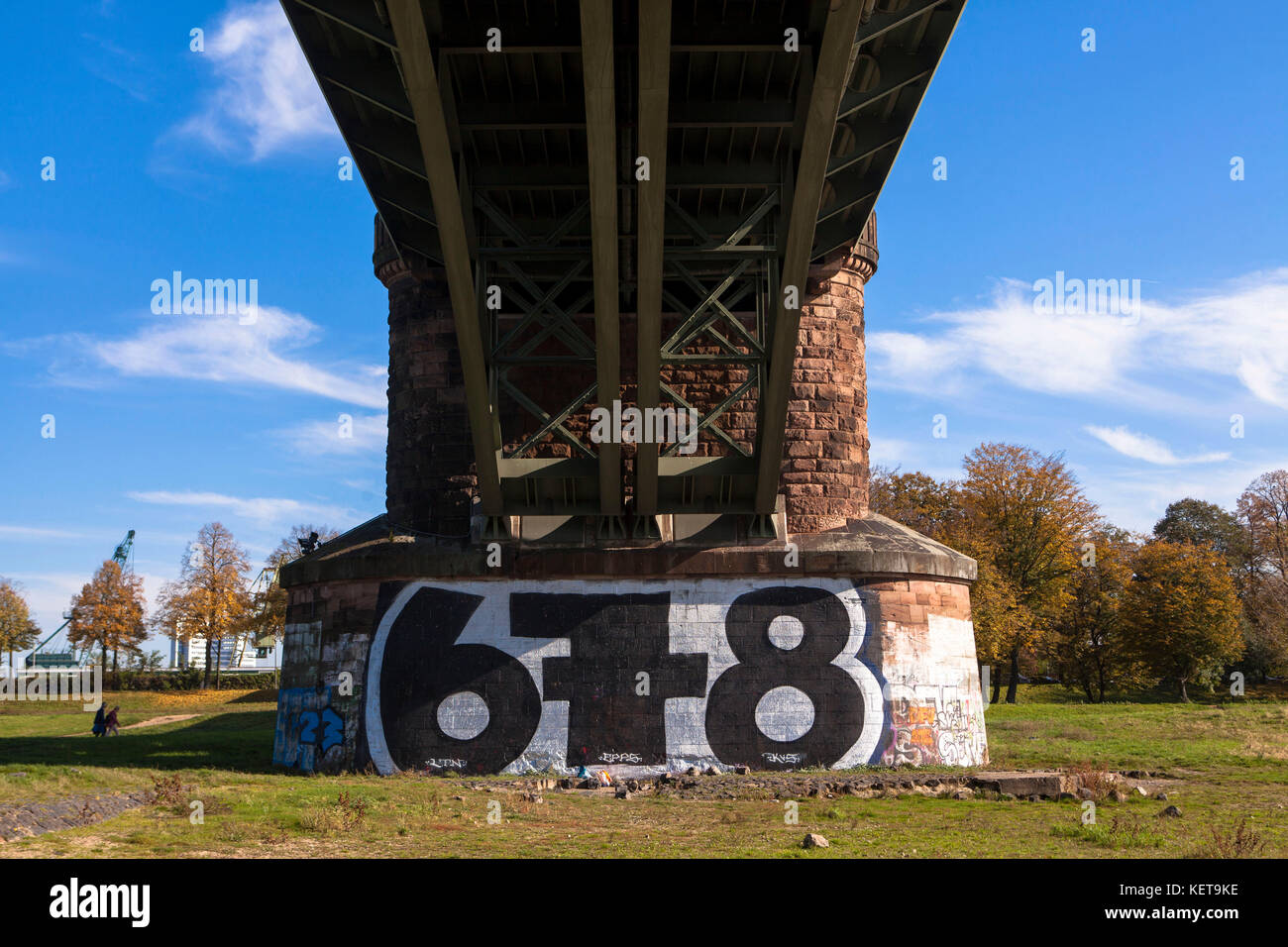 Germany, Cologne, graffiti on a pillar of the Suedbruecke in the ...