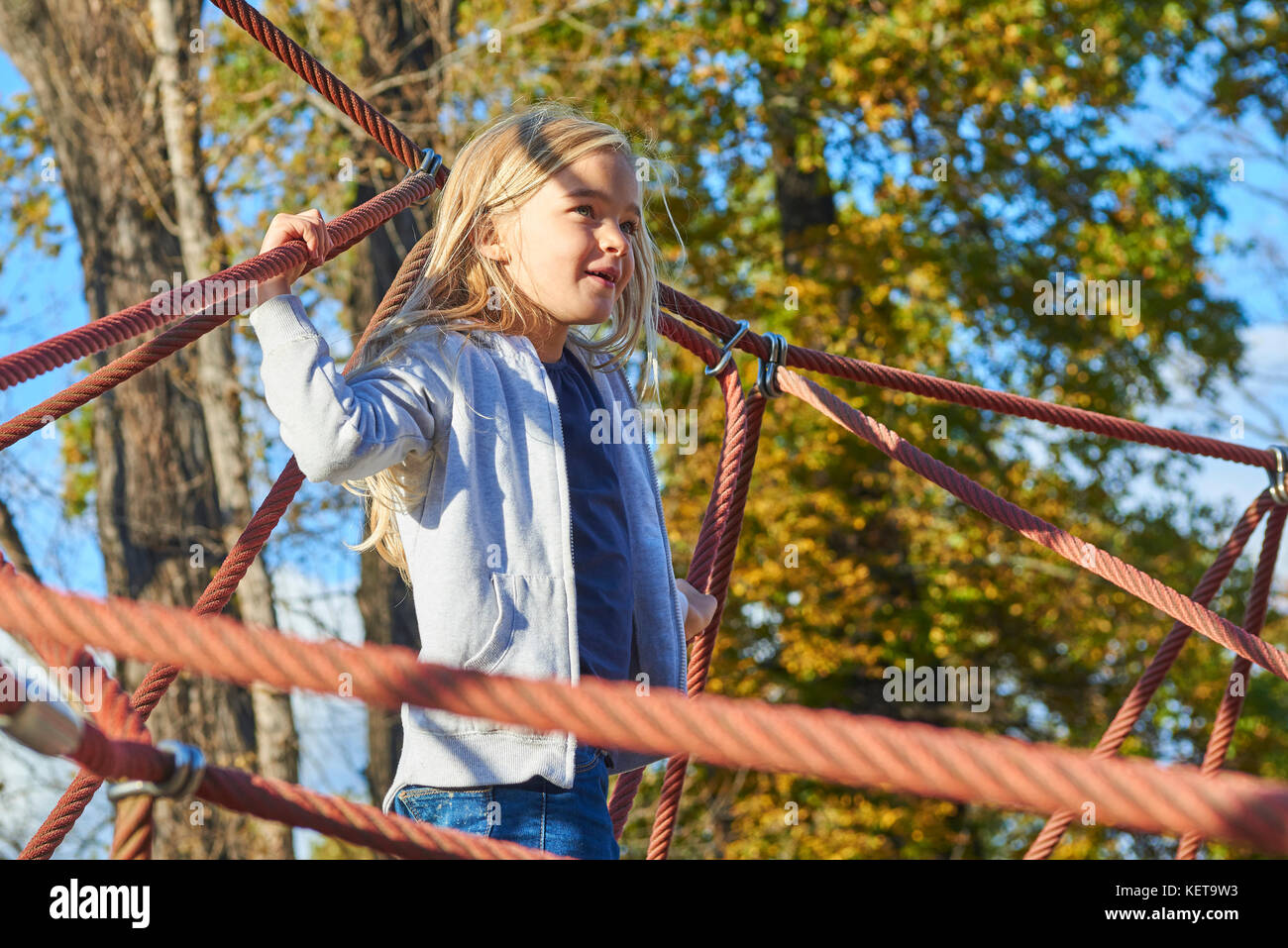 Active young child girl climbing the spider web playground activity ...