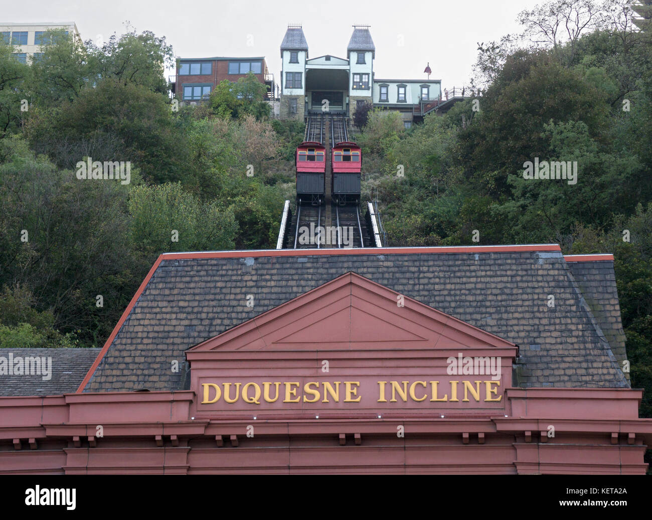 Two wooden cable cars, one ascending the other descending the Duquesne ...