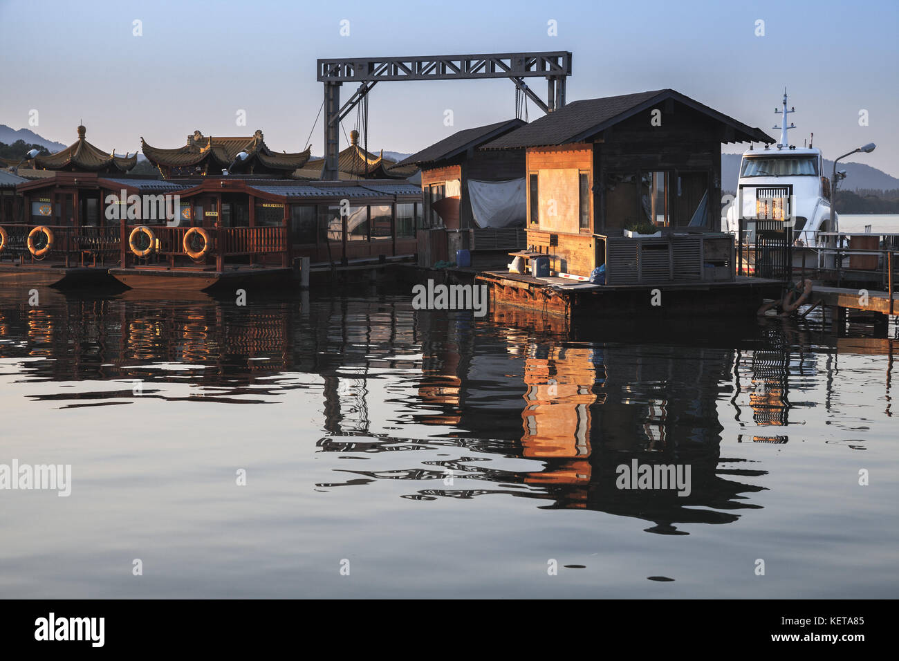Hangzhou, China - December 5, 2014: Traditional Chinese wooden boats ...