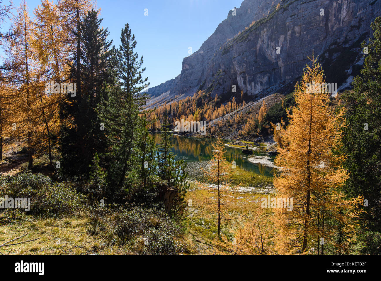 Dolomites. Autumn colors and reflections. The mountain dresses in the ...