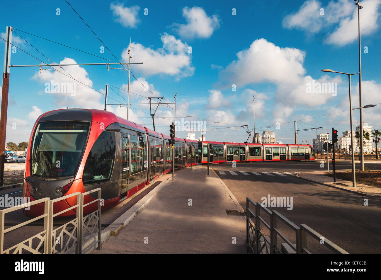 Casablanca, Morocco - May 05, 2017 : tram on railway and buildings in a ...