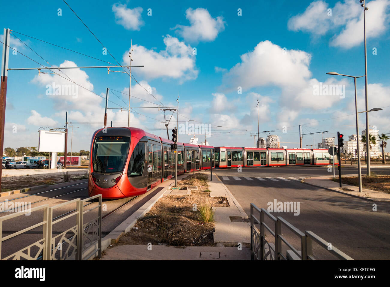 Casablanca, Morocco - May 05, 2017 : tram on railway and buildings in a ...