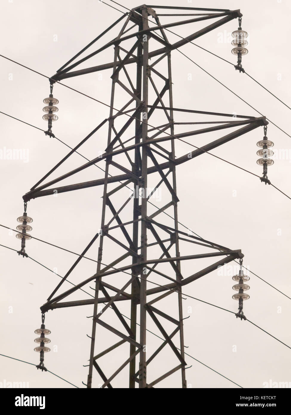 electricity pylon structure close up great sky metal wires danger ...