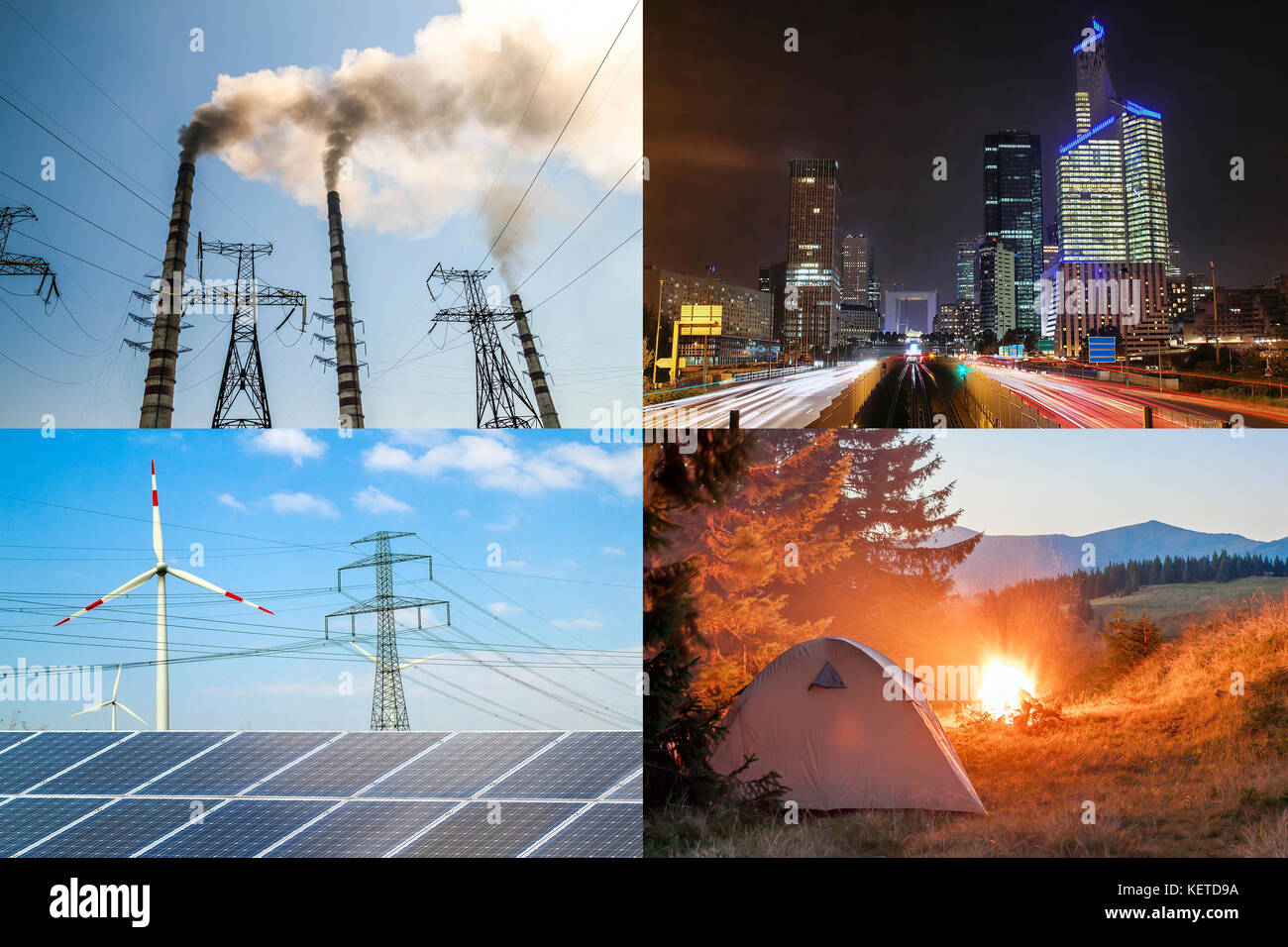 Clean vs dirty energy. Solar panels and wind turbines against fuel coal ...