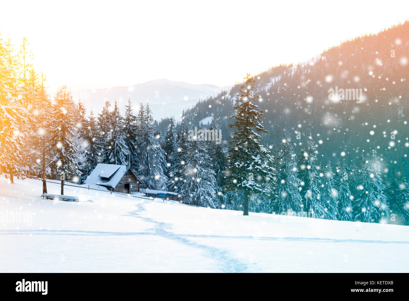 Beautiful winter landscape in the mountains with falling snow and path ...