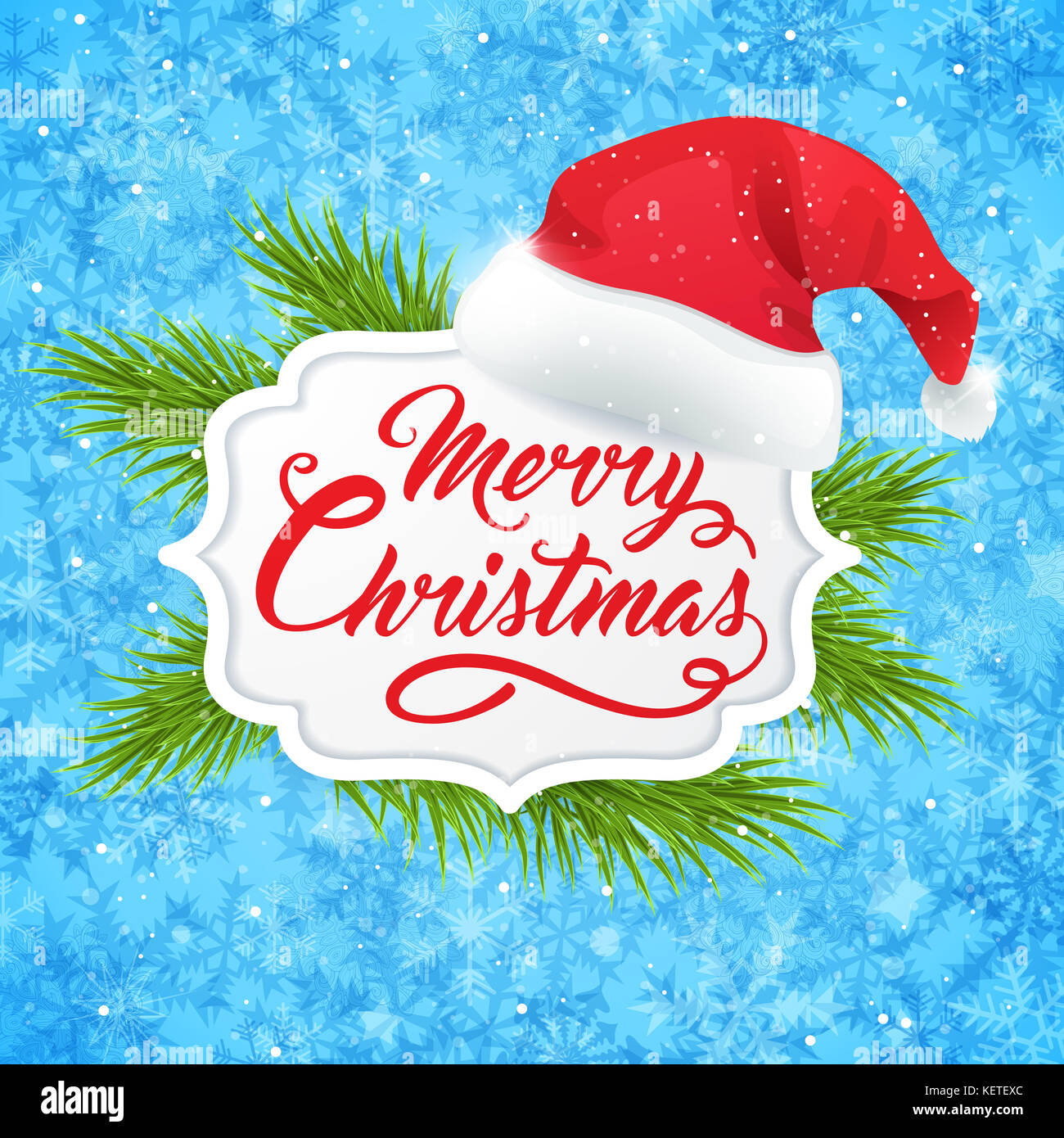Christmas banner with green fir branch and hat of Santa Claus on a blue ...