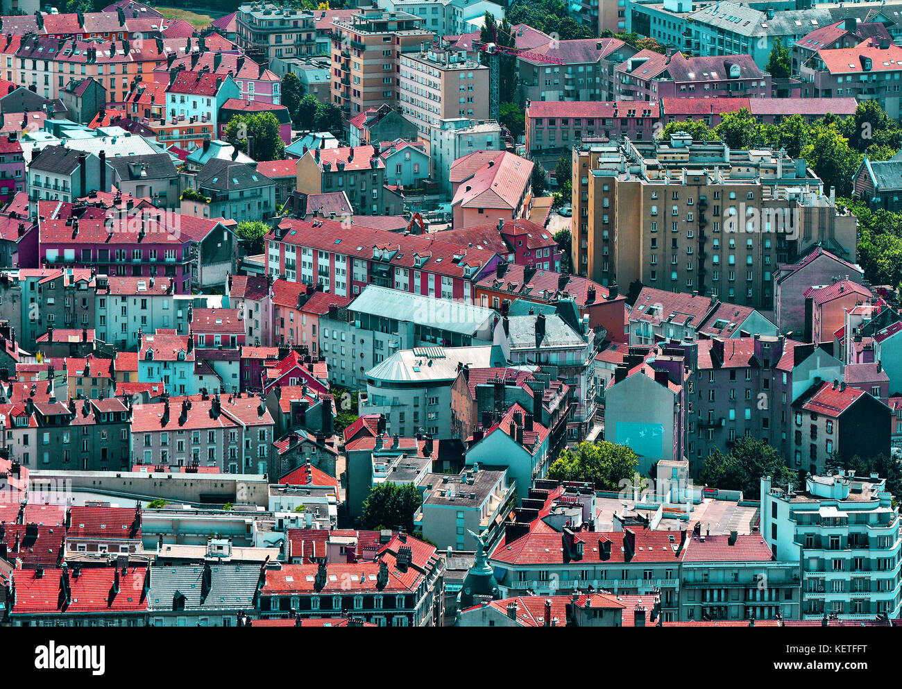 Buildings architecture. View from above, from Fort Bastille in Grenoble ...