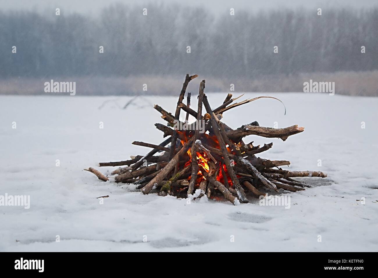 Campfire in winter Stock Photo - Alamy