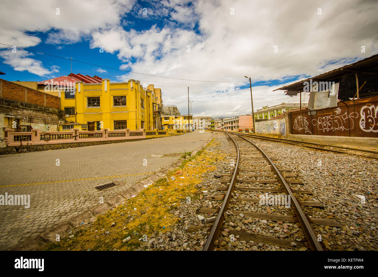 QUITO, ECUADOR AUGUST 20 2017: Close-up of railway at the train station ...