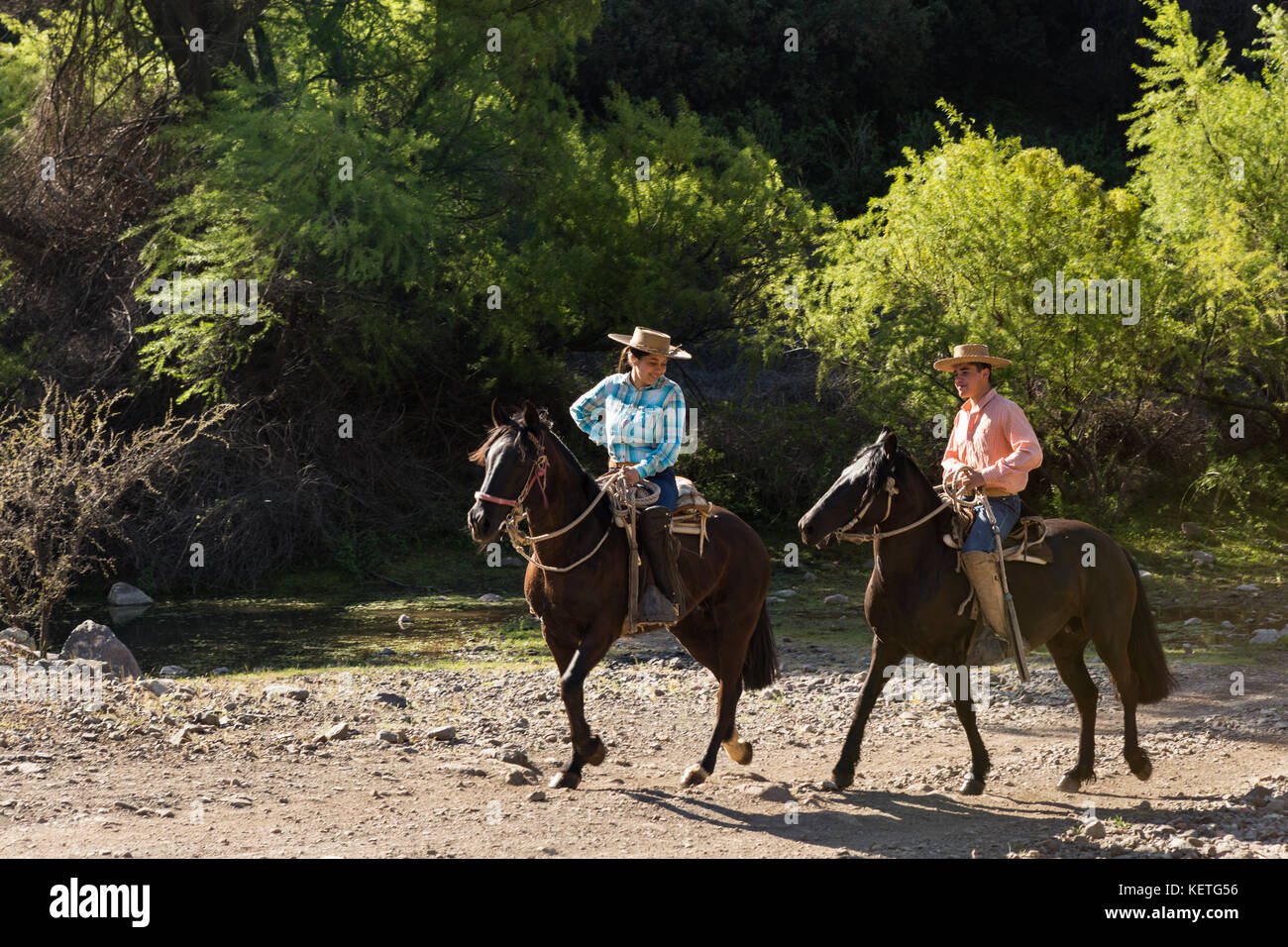 A couple horseback riding through mountains in Chile Stock Photo - Alamy