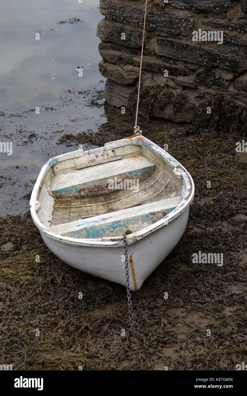 Small White Boat on Welsh Coast Stock Photo - Alamy