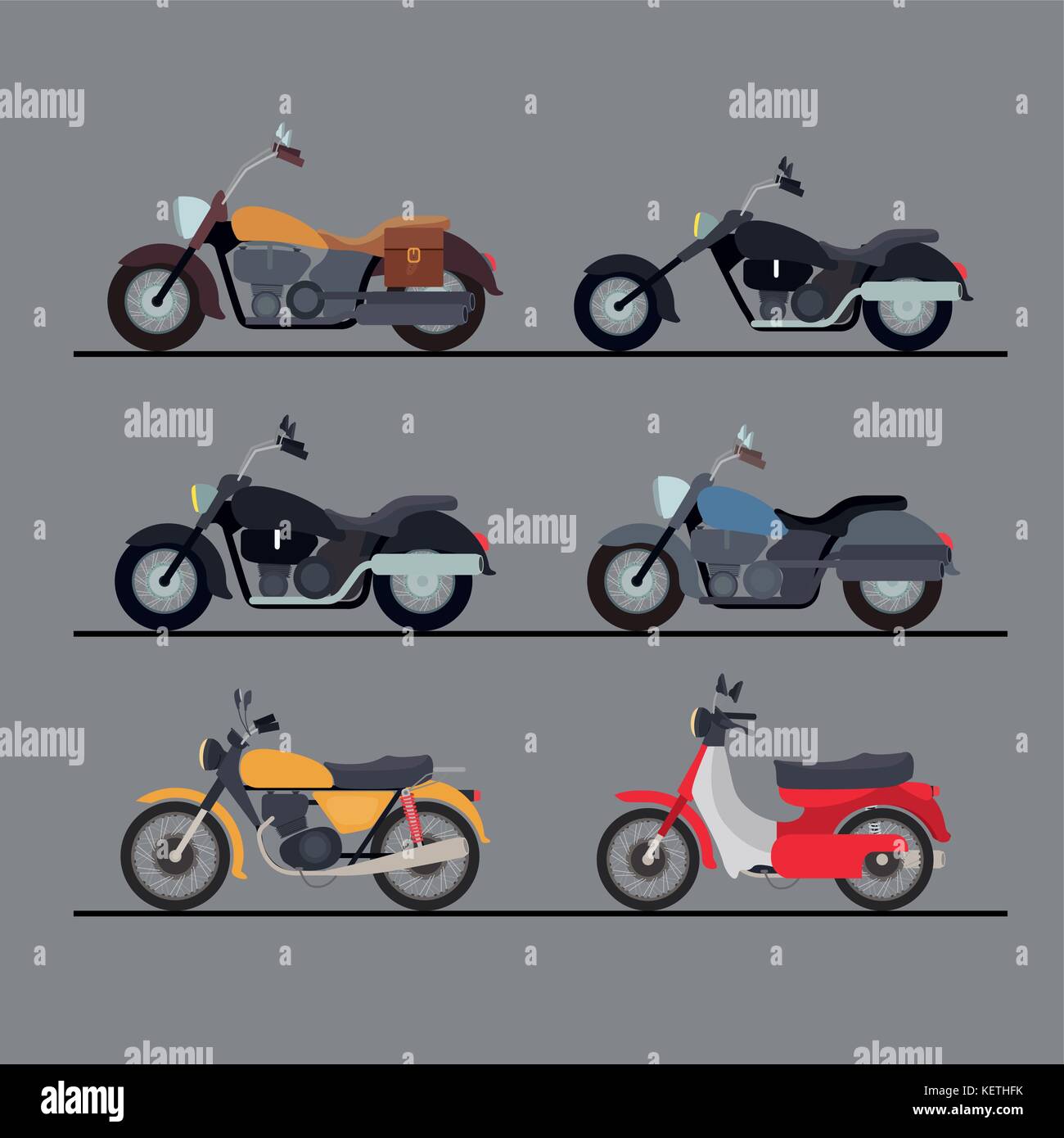 colorful motorcycles set with several models in gray background Stock ...