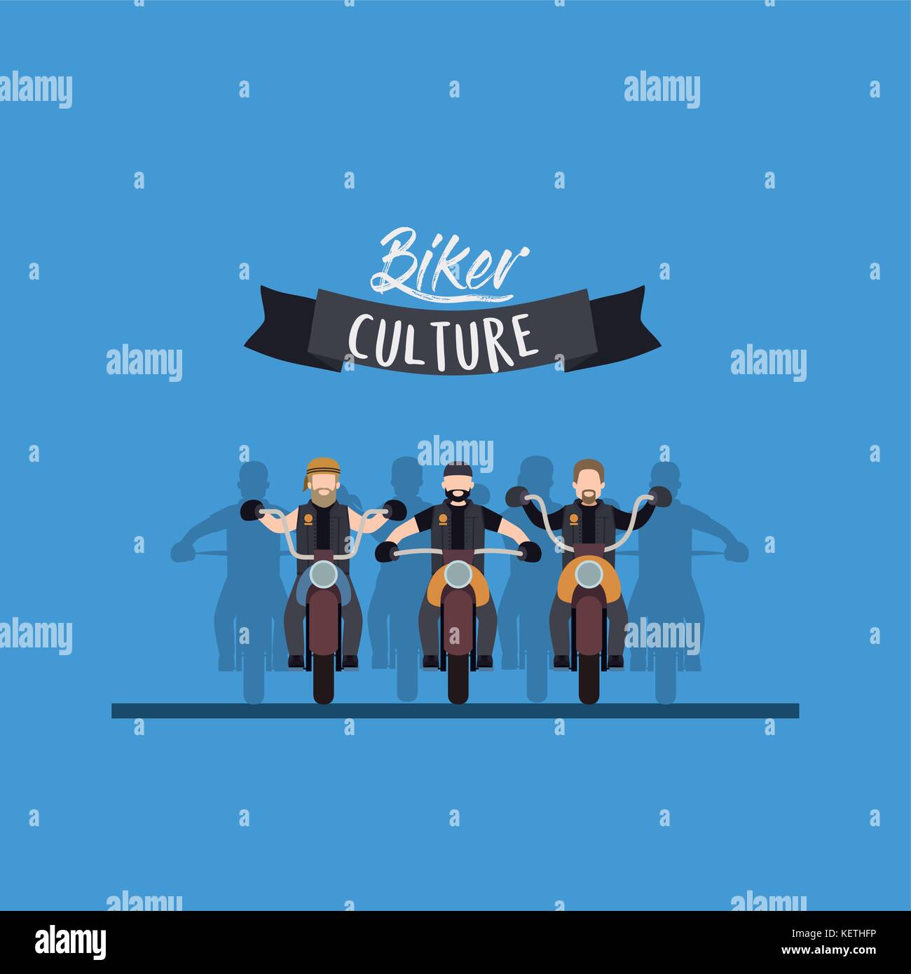 biker culture poster with motorcyclists gang in blue background Stock ...