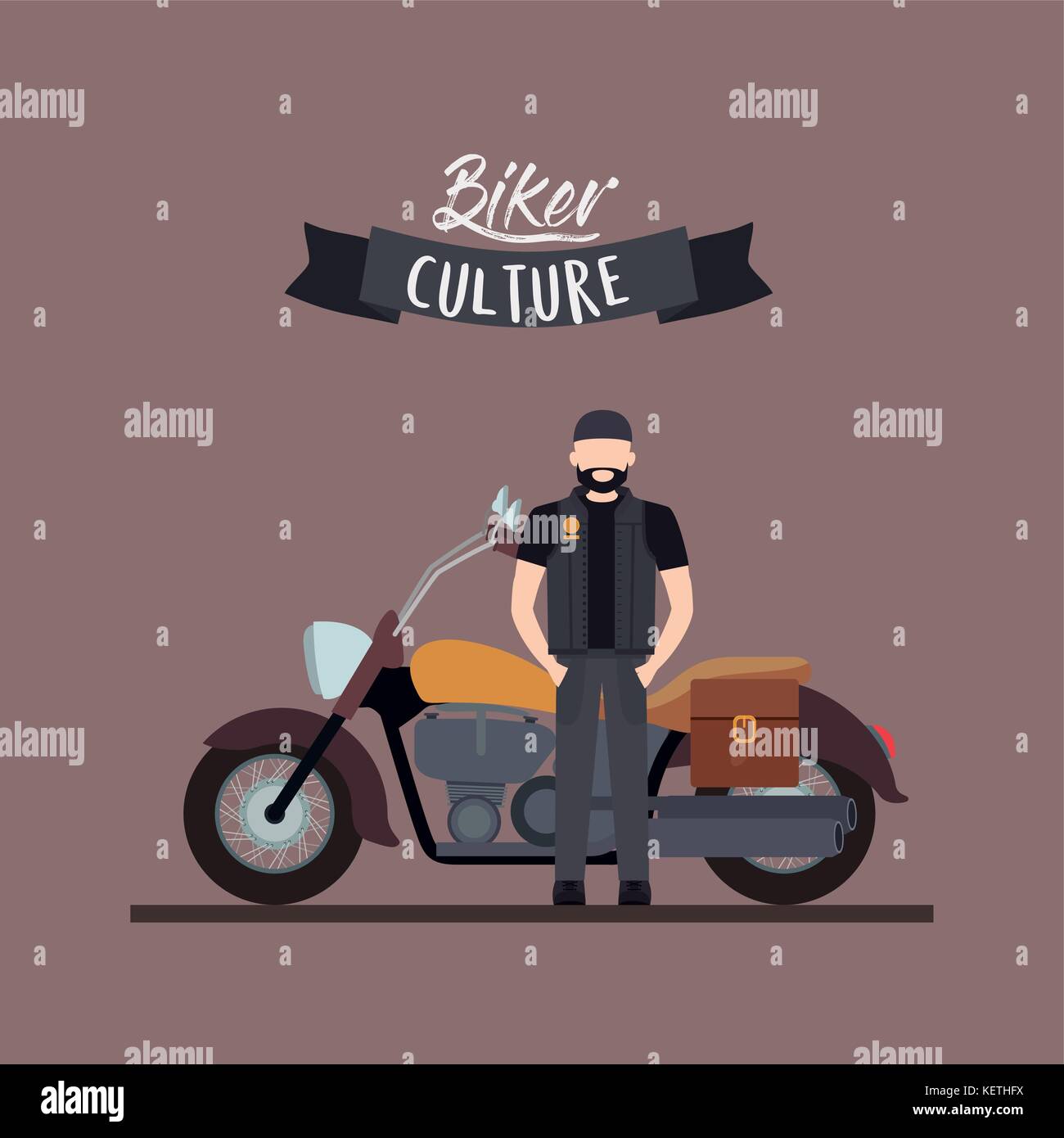 biker culture poster with man and classic motorcycle with leather bag ...