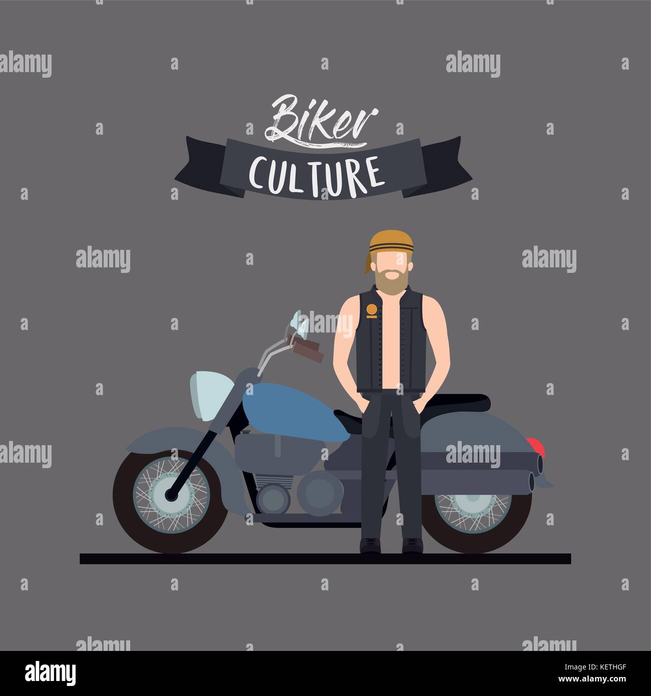 biker culture poster with blond man and classic motorcycle with blue ...