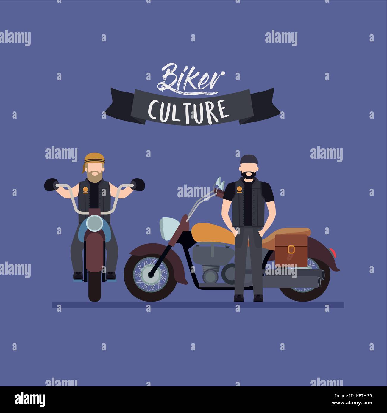 biker culture poster with pair of men in classic motorcycles and purple ...