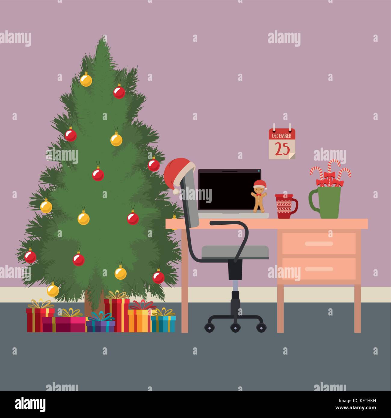 christmas office workplace scene with big christmas tree and gifts and ...