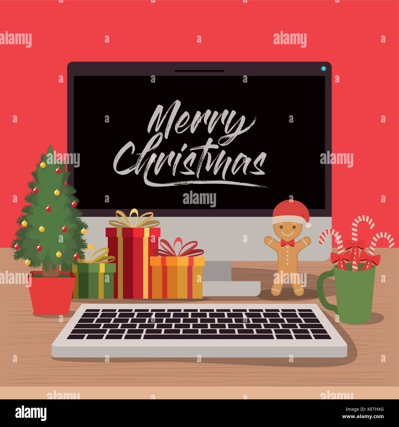 merry christmas poster with desktop computer scene in front view with ...