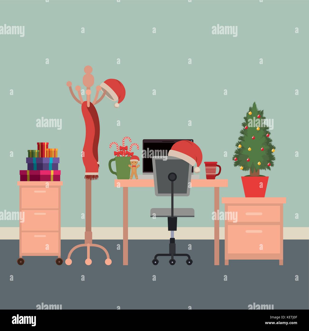christmas office workplace scene with desktop computer and file ...