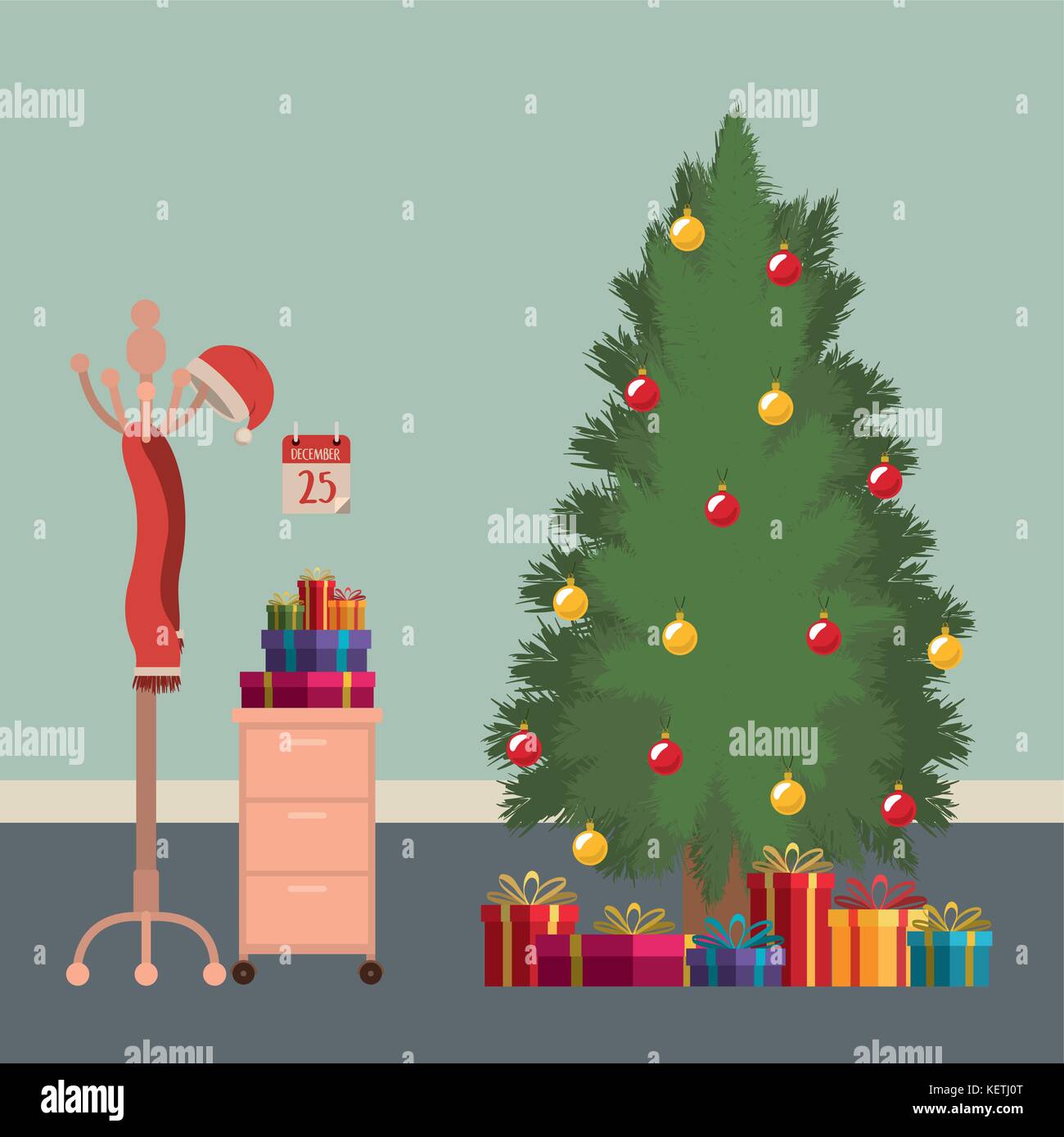 christmas workplace scene with file cabinet and big christmas tree with ...