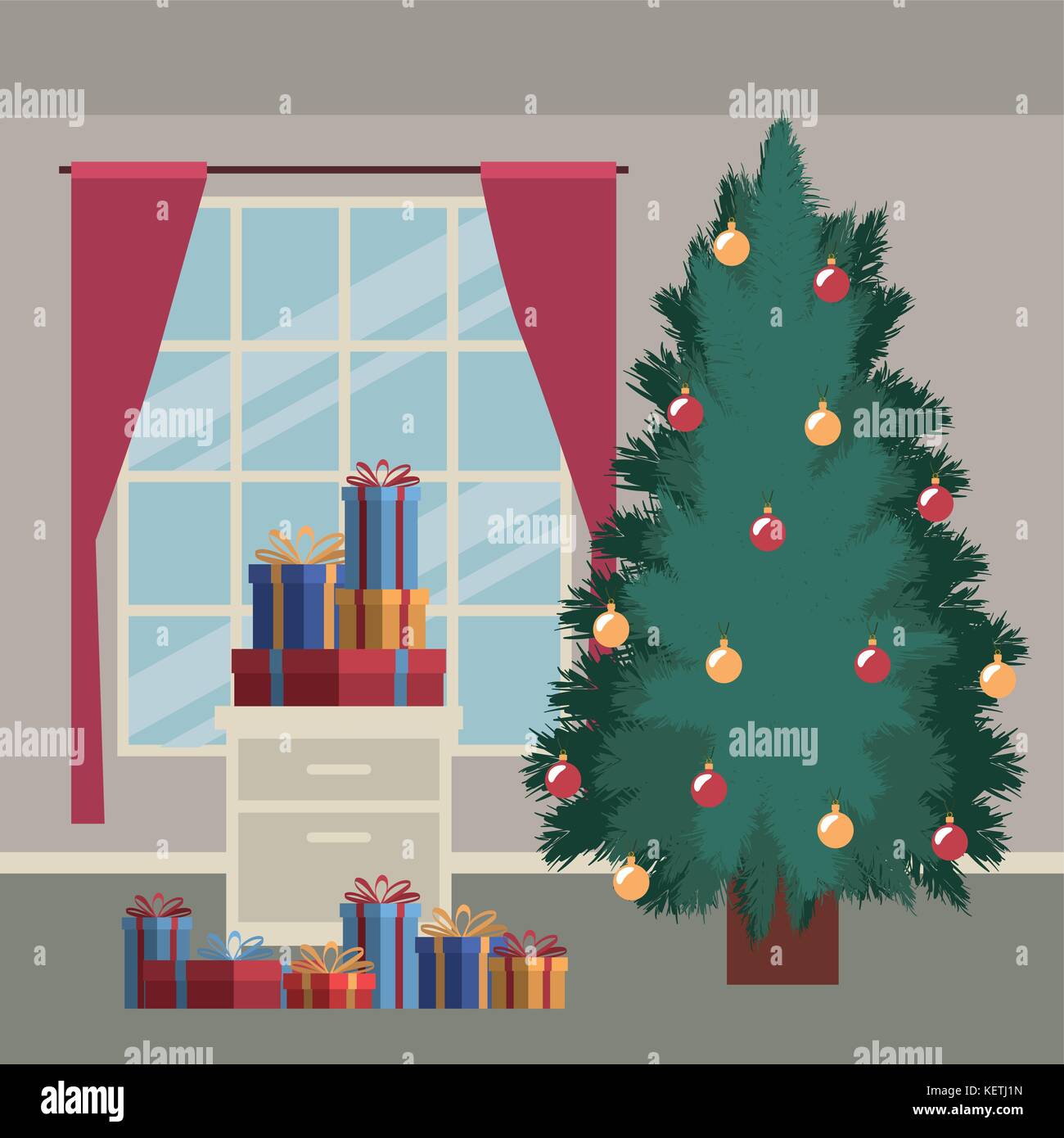 christmas home scene with window background and big christmas tree and ...