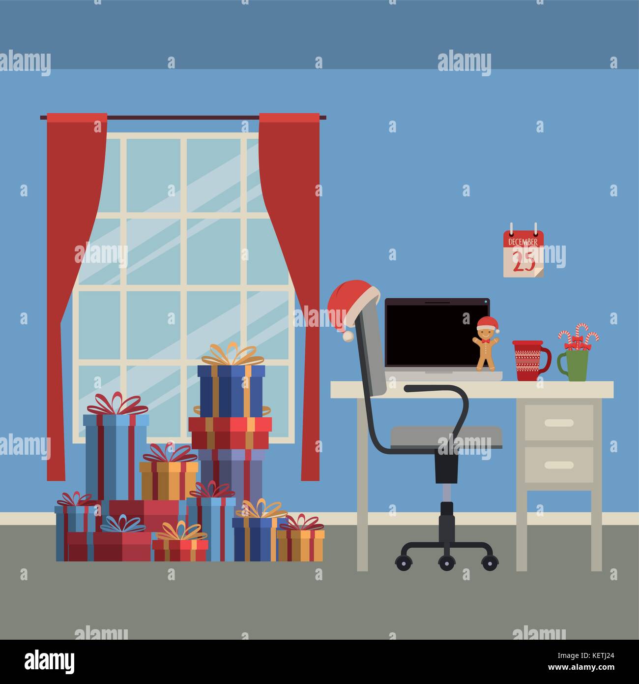 christmas home scene with window background and office workplace with ...