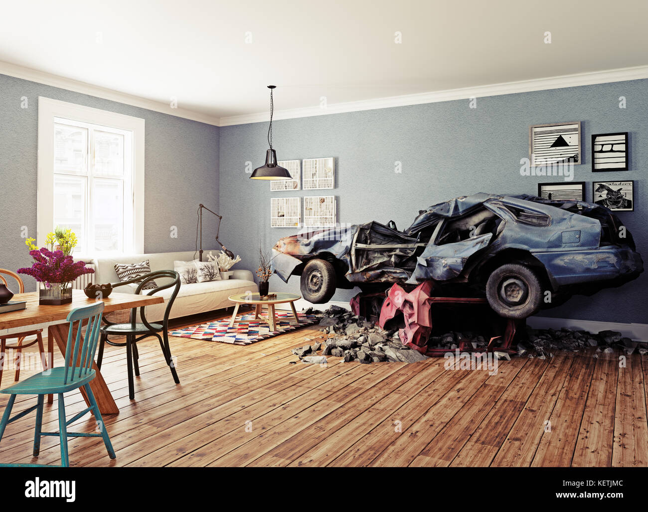 The broken car in the room. 3d concept. Rendering Stock Photo - Alamy