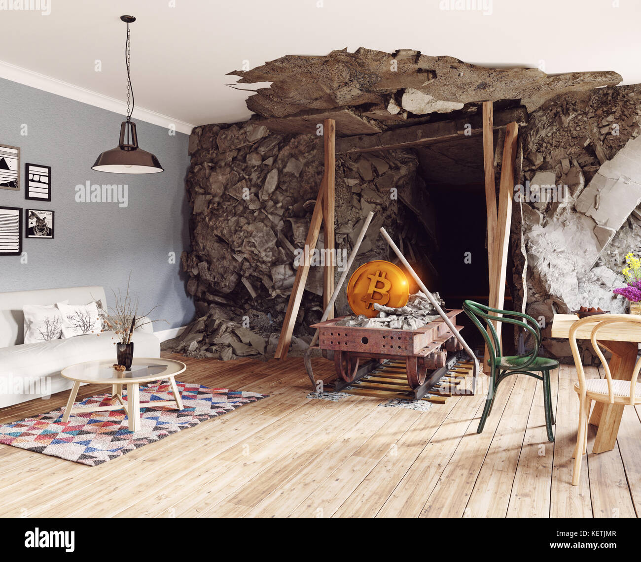 Bitcoin mining in the living room interior. 3d rendering illustration ...