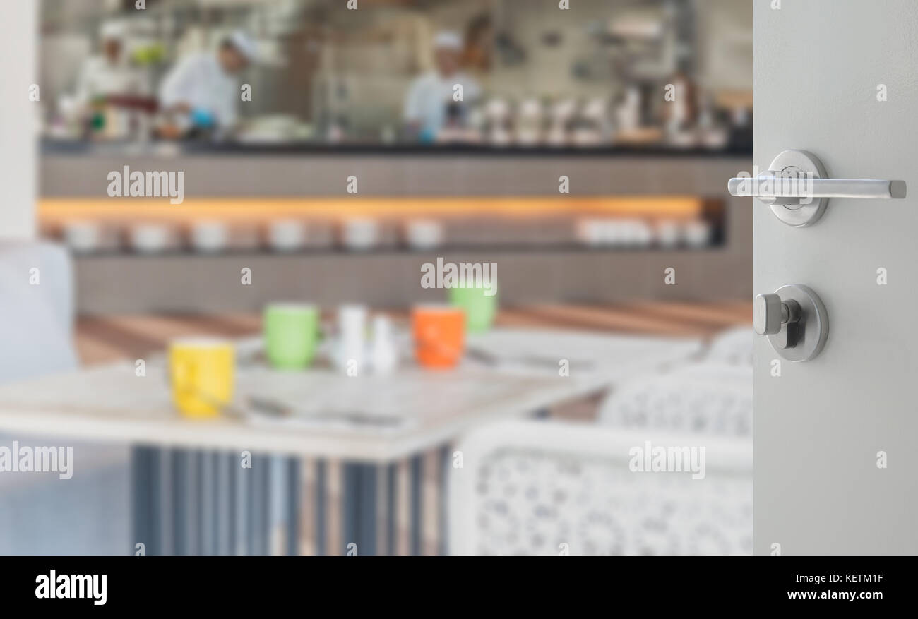 opened white door to tables set for meal in restaurant interior Stock ...