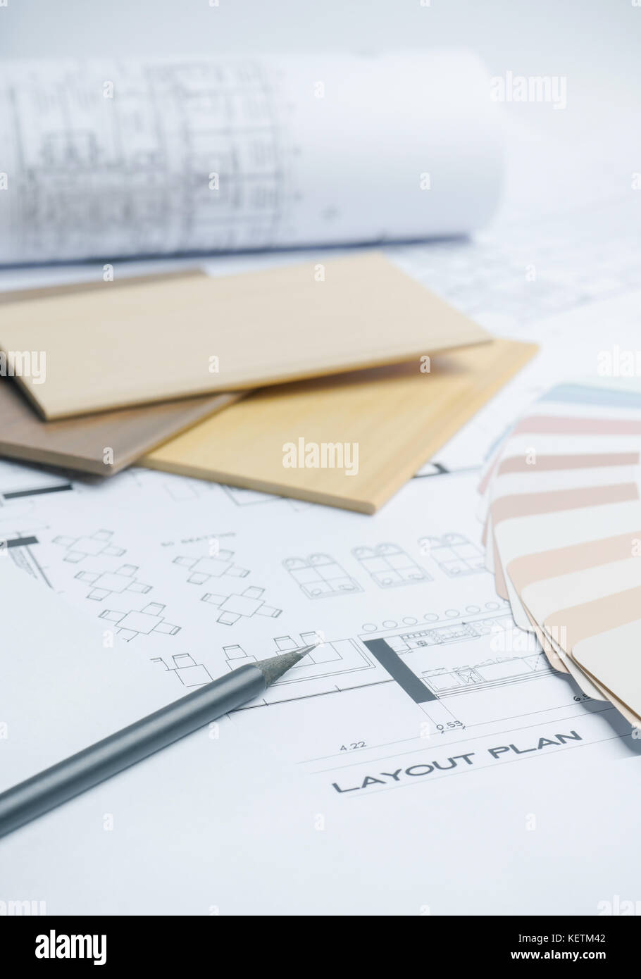 color and material samples on architectural drawings of the modern ...