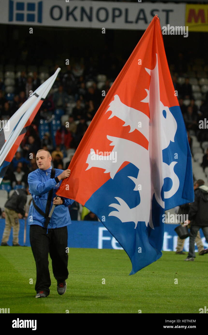 Olympique Lyonnais flag bearers at Gerland Stadium, Lyon, France Stock ...