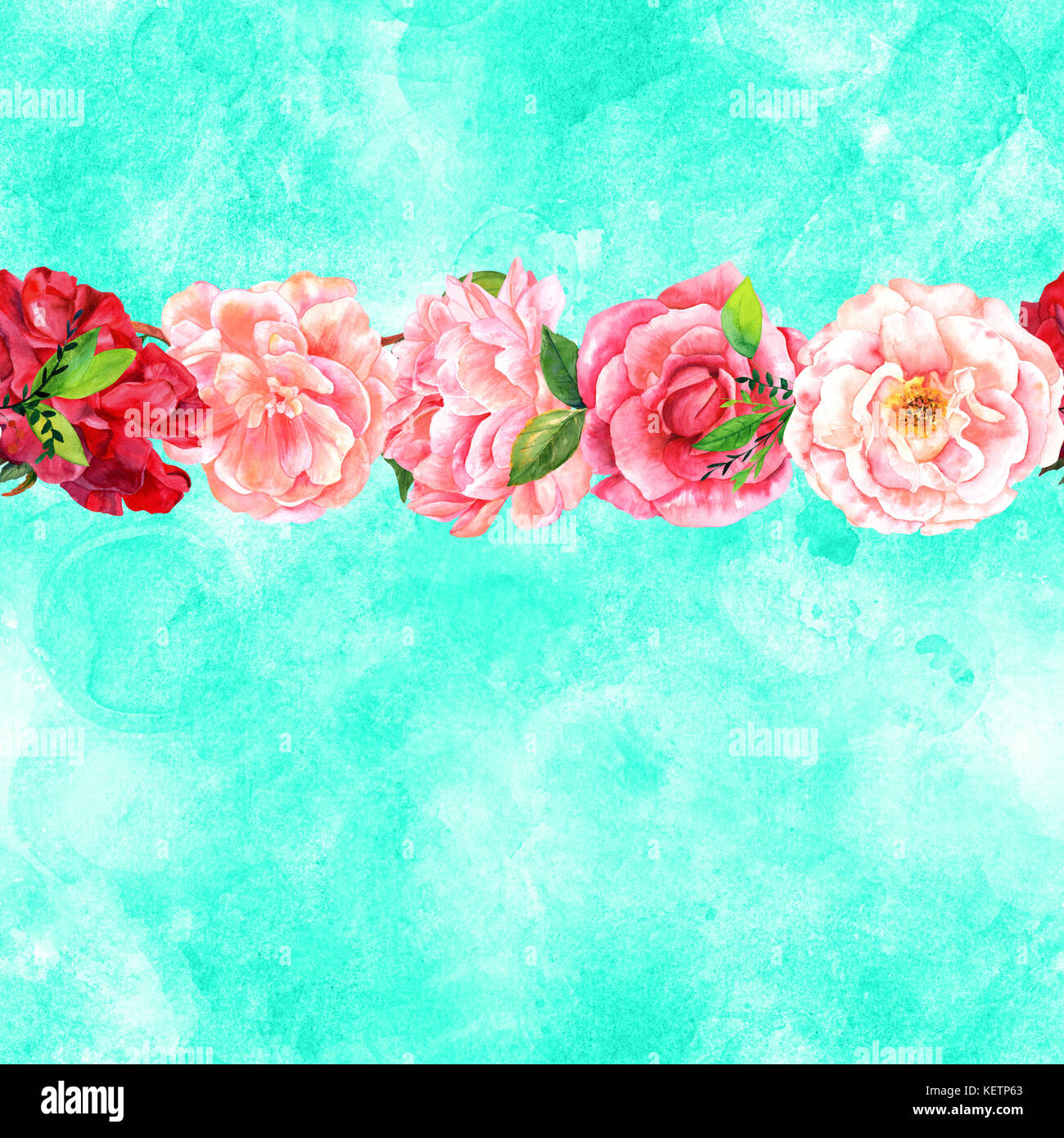 Seamless border of watercolor flowers on teal background Stock Photo ...