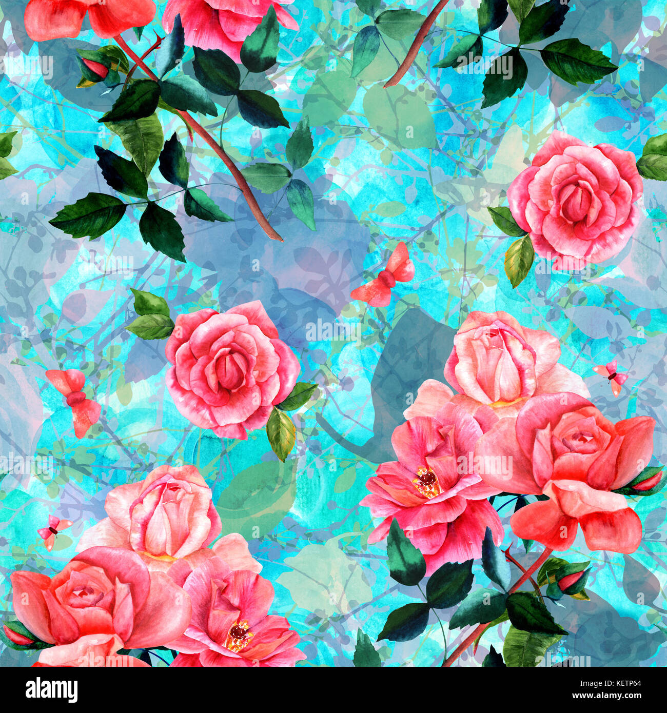 Seamless teal pattern with watercolor roses and butterflies Stock Photo ...