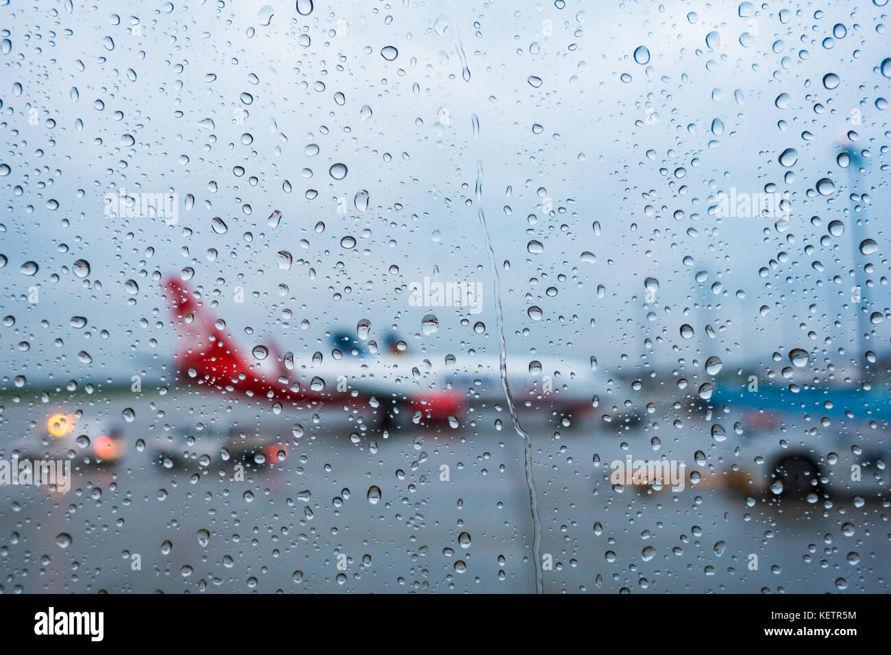 View from the airplane window in rainy non-flying weather rain Stock ...