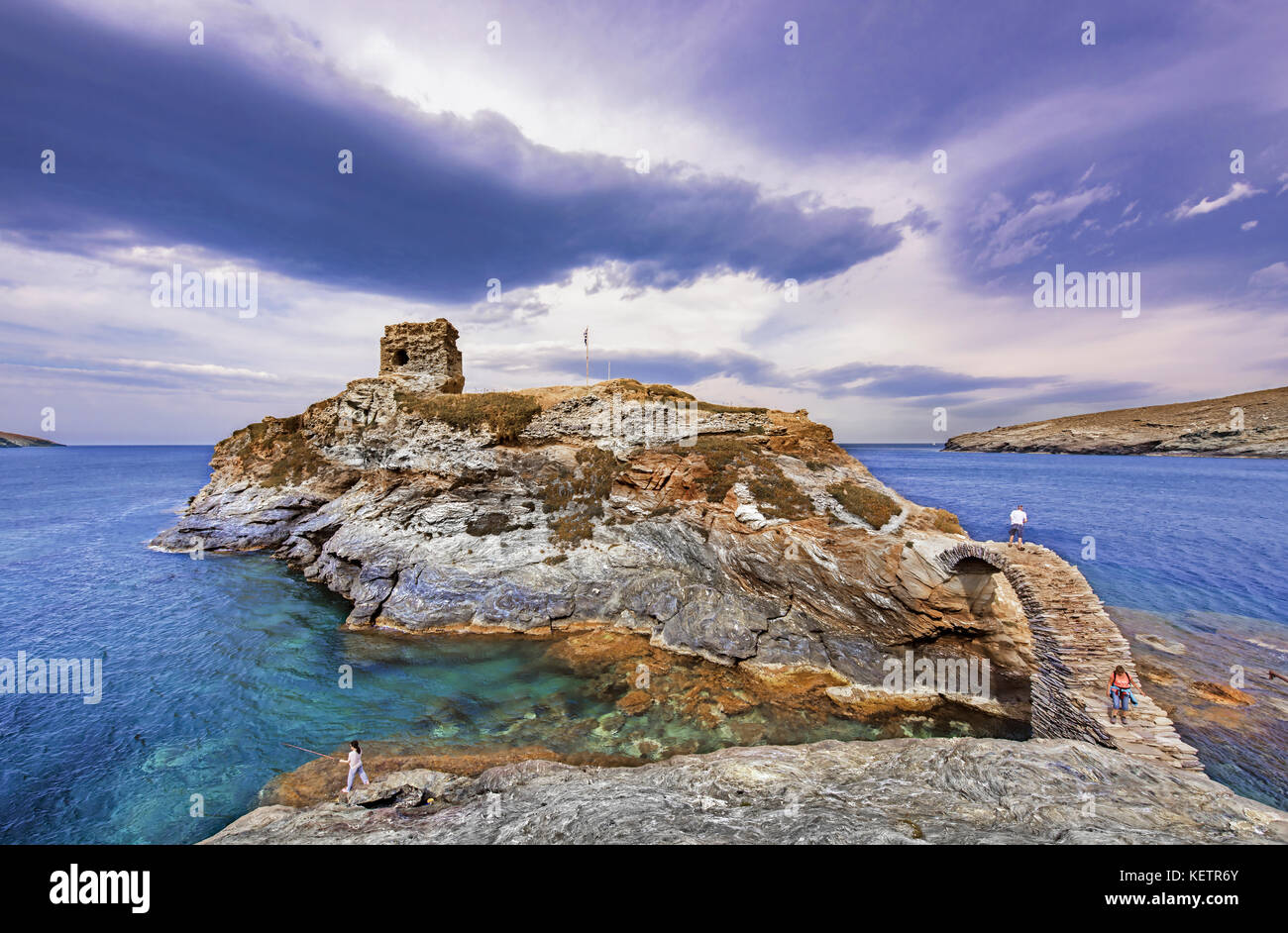 Medieval castle at Chora (Hora) village in Andros island, in Cyclades ...