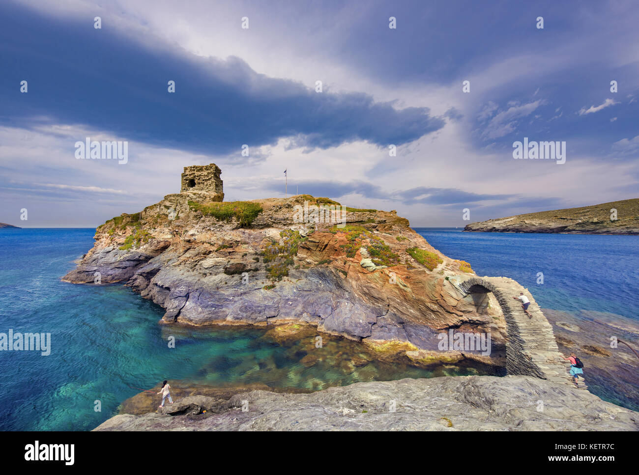 Medieval castle at Chora (Hora) village in Andros island, in Cyclades ...