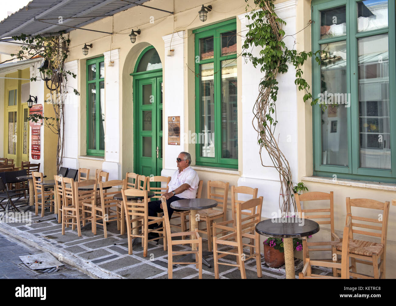 Kafenio, traditional coffee-house in Chora (Hora) in Andros island ...