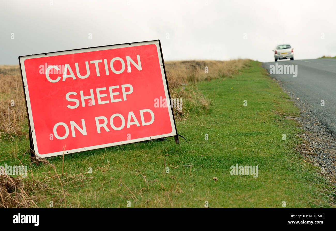 Moorland road with sheep warning sign hi-res stock photography and ...