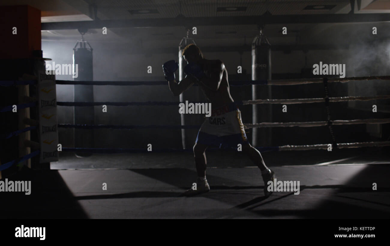 Fighter shadowboxing on training ring. Professional fighter. Male boxer ...