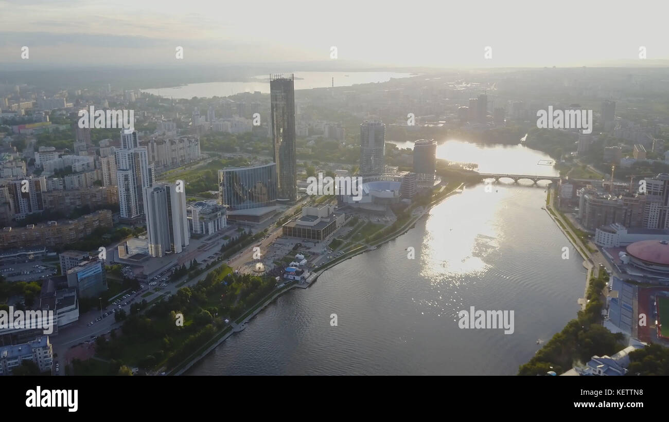 Bird's eye view of city, modern buildings, city river. Beautiful city ...
