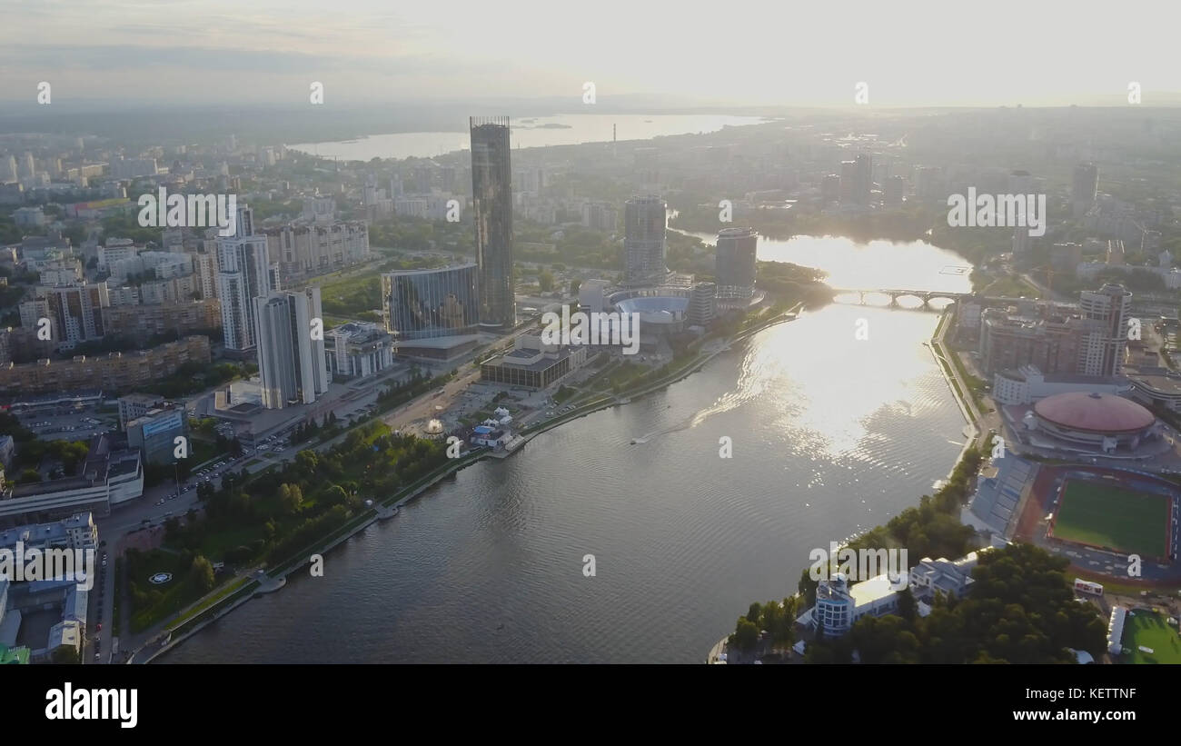 Bird's eye view of city, modern buildings, city river. Beautiful city ...