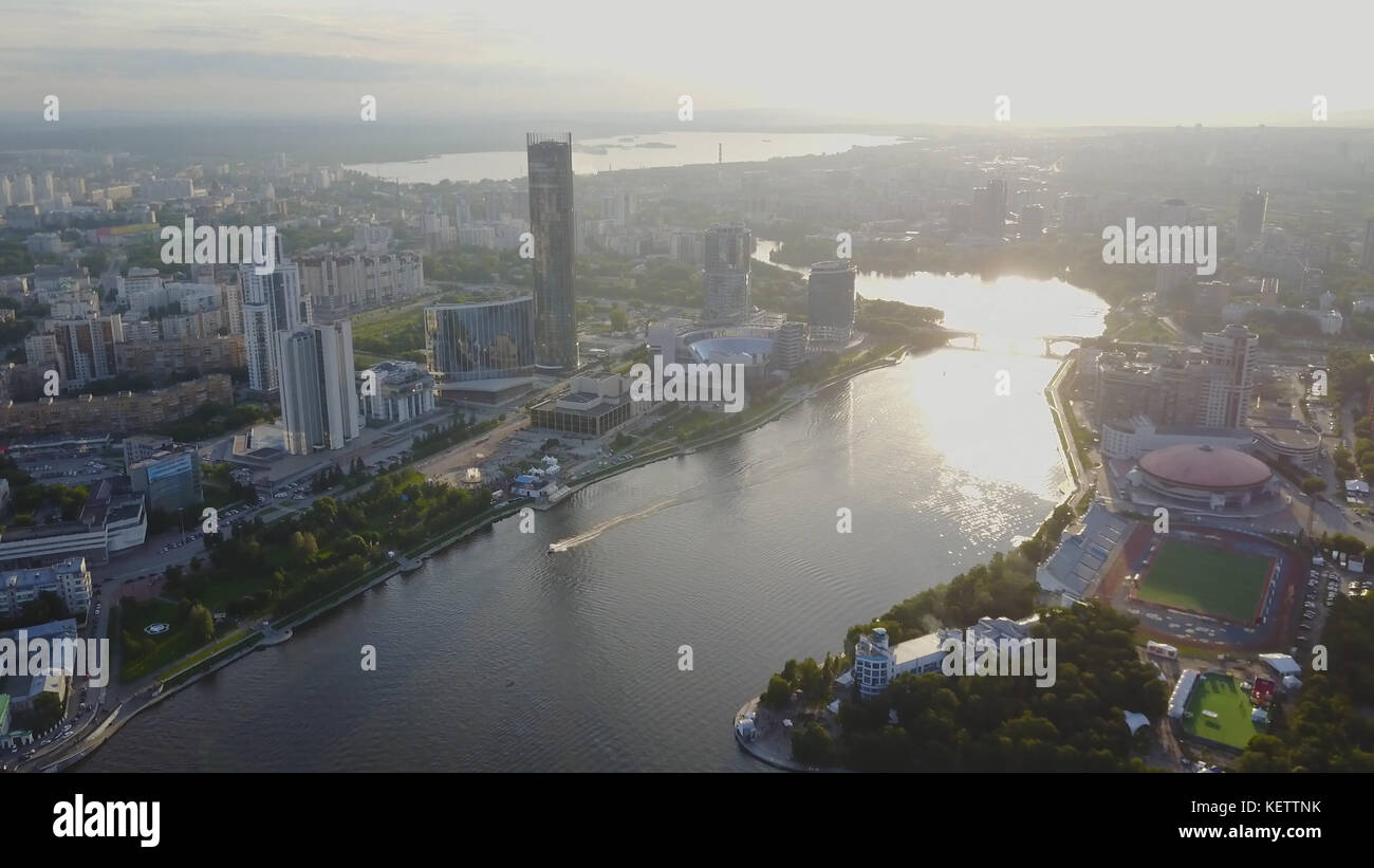 Bird's eye view of city, modern buildings, city river. Beautiful city ...