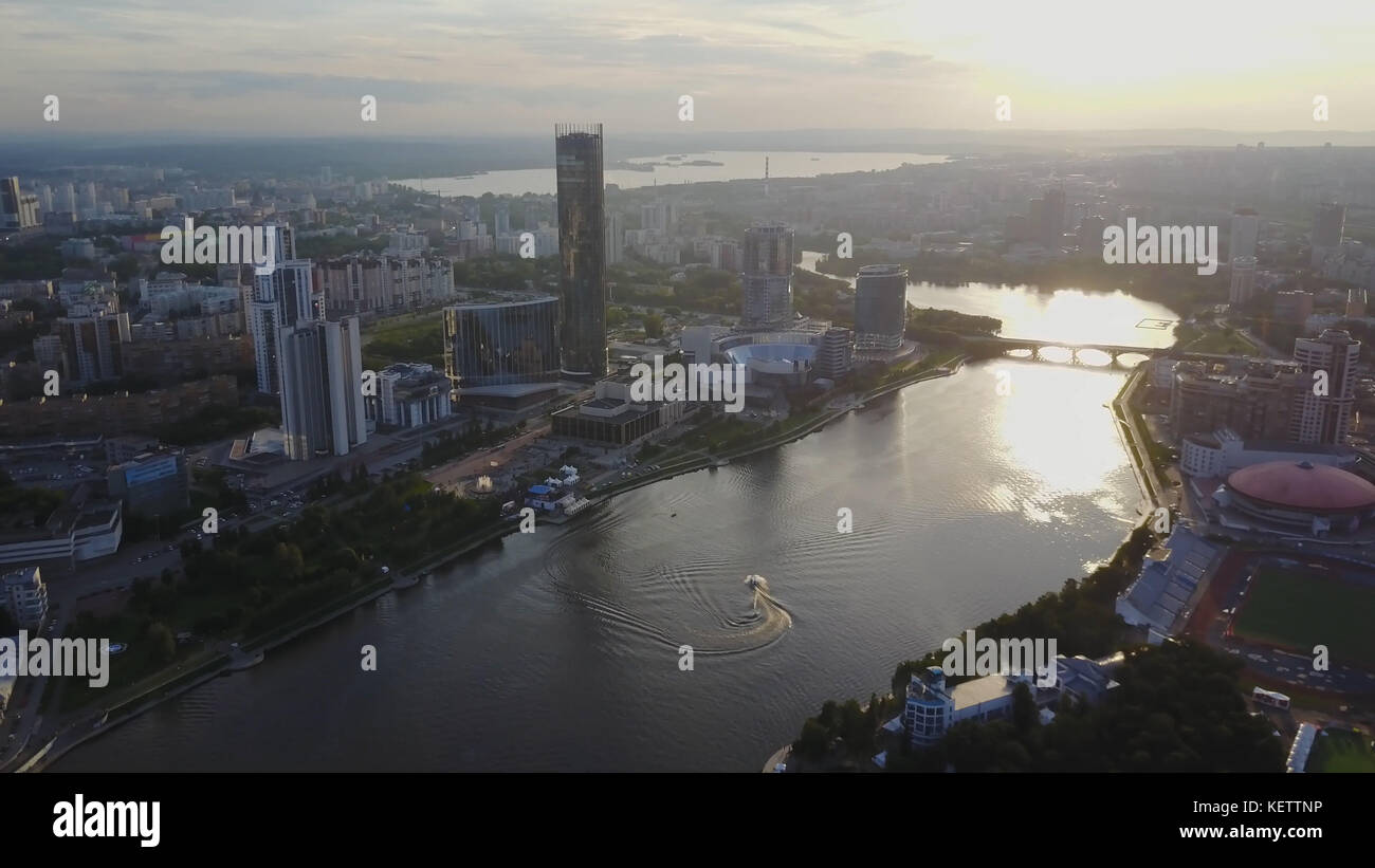 Bird's eye view of city, modern buildings, city river. Beautiful city ...
