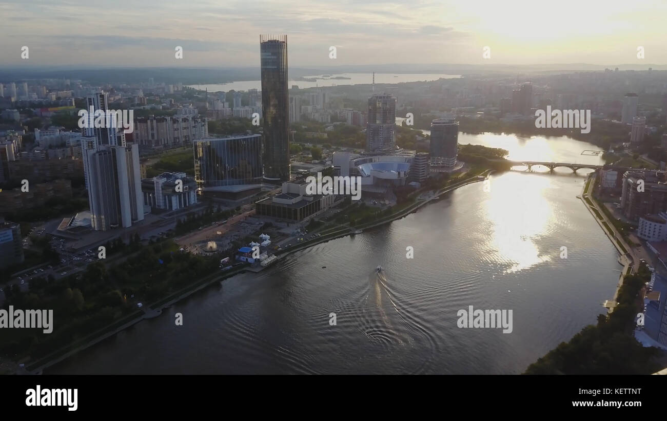 Bird's eye view of city, modern buildings, city river. Beautiful city ...