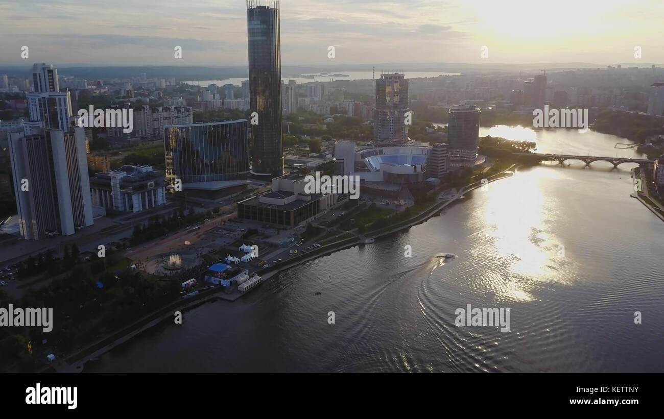 Bird's eye view of city, modern buildings, city river. Beautiful city ...