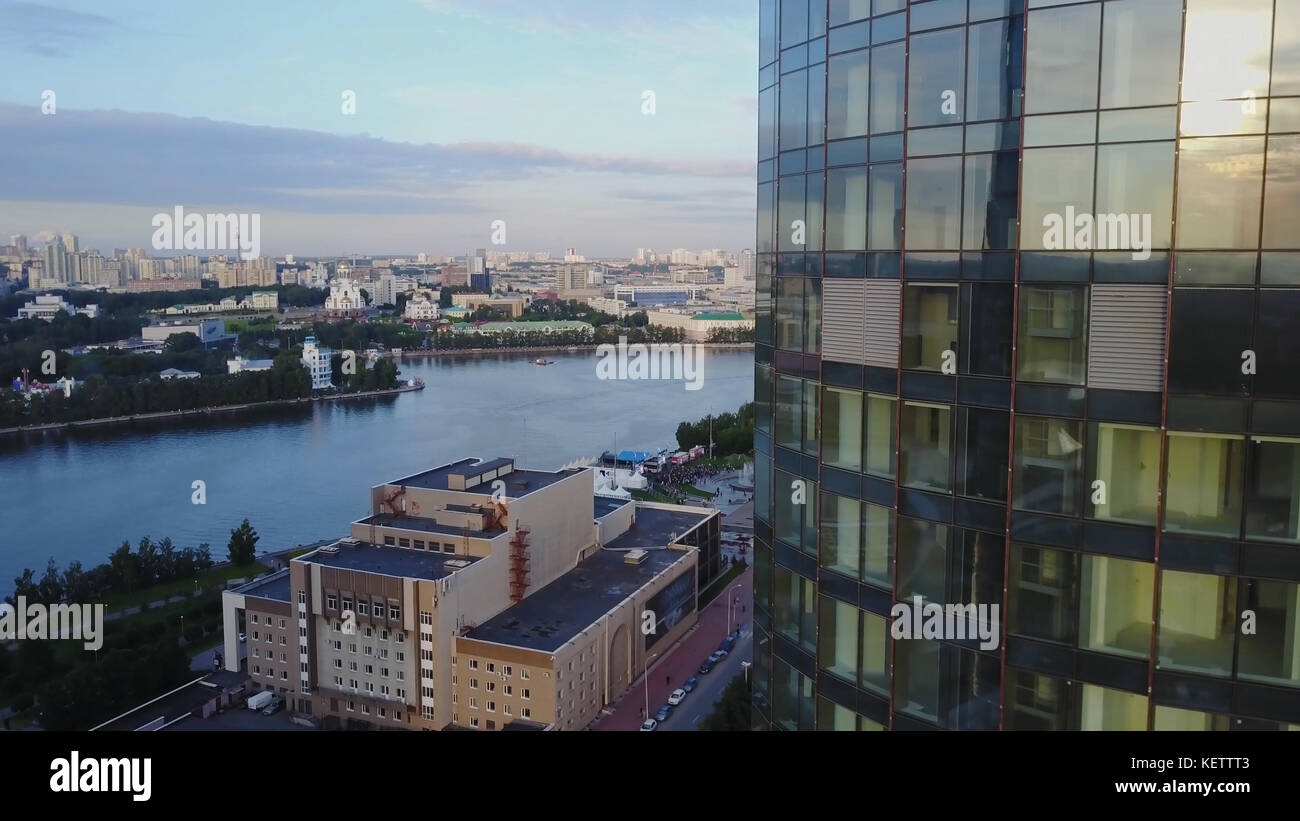 Bird's eye view of city, modern buildings, city river. Beautiful city ...