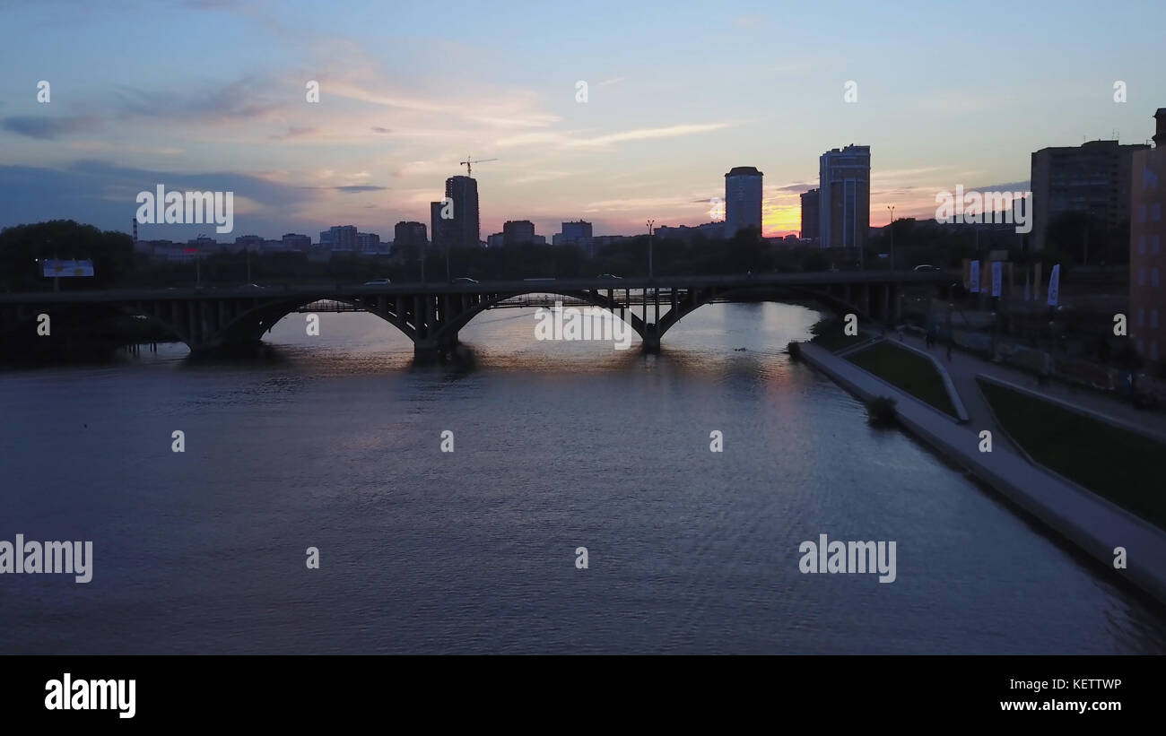 Bird's eye view of city, modern buildings, city river. Beautiful city ...